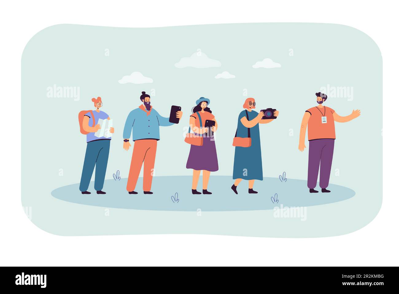 Group of tourists following guide with gadgets and map Stock Vector ...