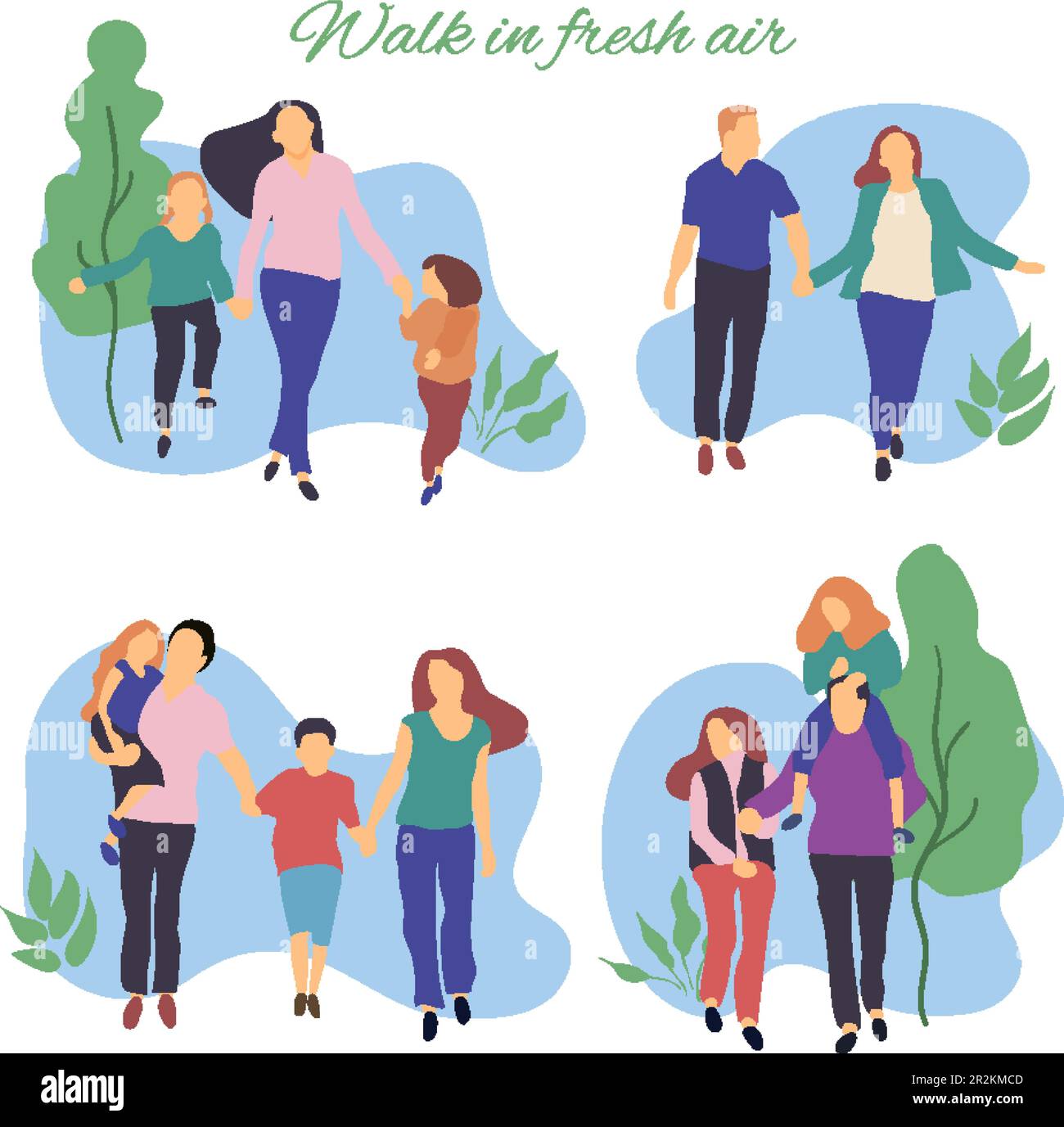 Walk in fresh air. Vector stylized illustration of active young family. Healthy lifestyle.People ...