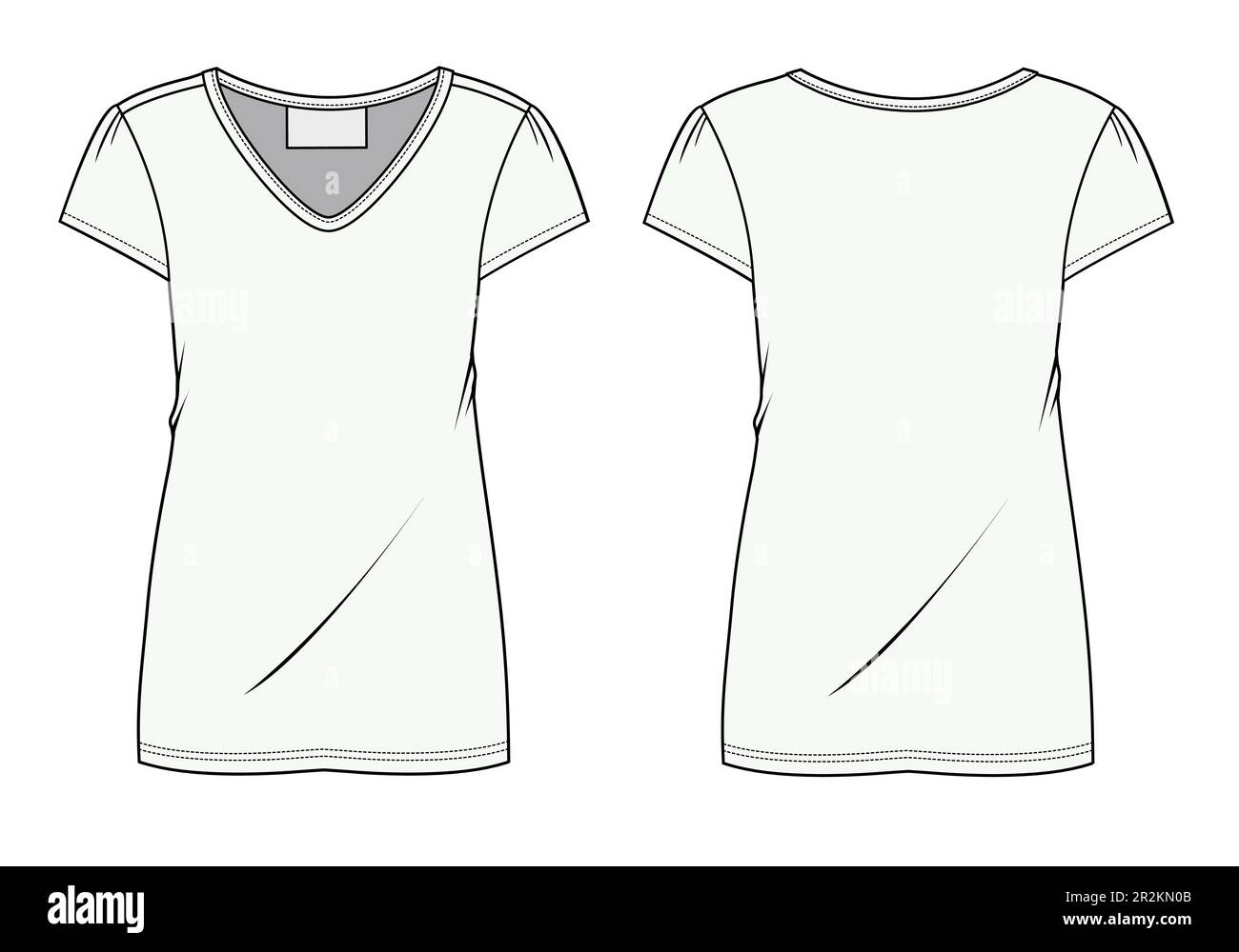 Ladies Short Sleeve V Neck T Shirt Front And Back View Flat Drawing Vector Illustration Mockup