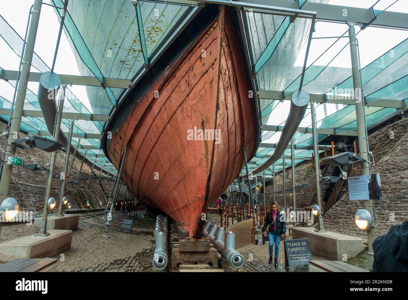 Bow and hull of Brunel’s restored SS Great Britain viewed from below in ...