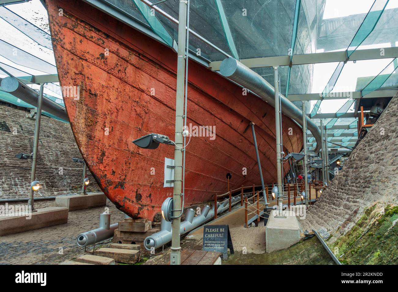 Bow and hull of Brunel’s restored SS Great Britain viewed from below in ...