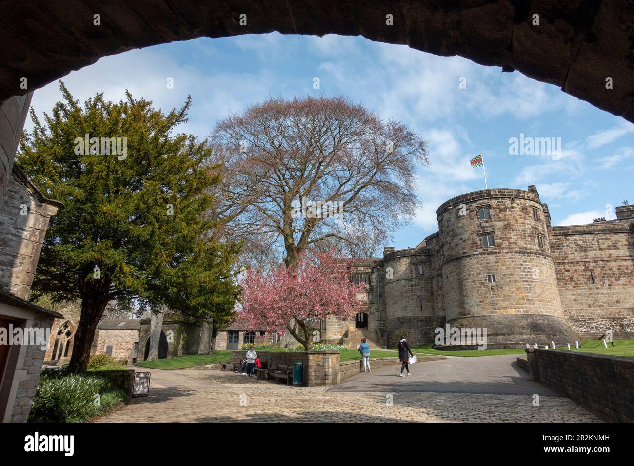 Medieval Keep view through entrance gatehouse at Skipton Castle in ...
