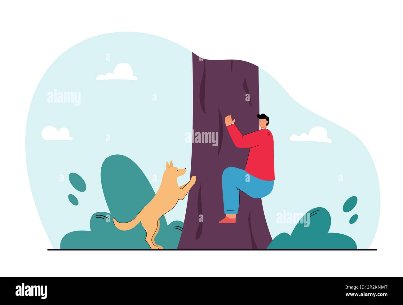 Man hiding from dog and climbing tree flat vector illustration Stock ...