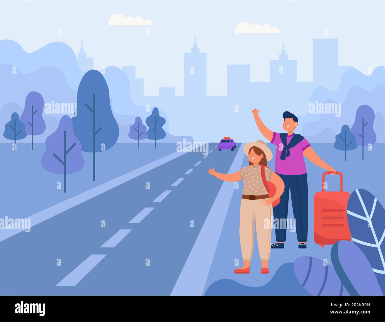 Man And Woman Hitchhiking On Road Flat Vector Illustration Stock Vector 2197