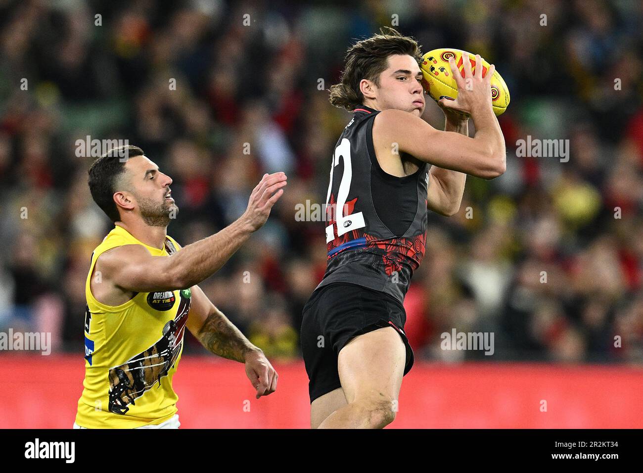 Sam Durham of Essendon takes a mark during the AFL Round 10 match ...