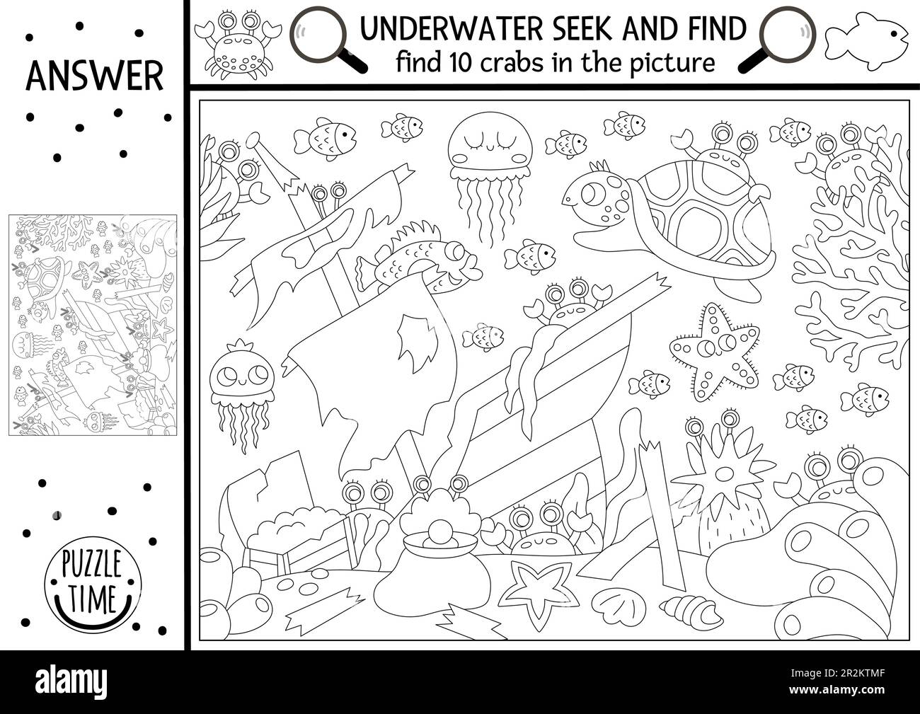 Vector black and white under the sea searching game with sea landscape ...