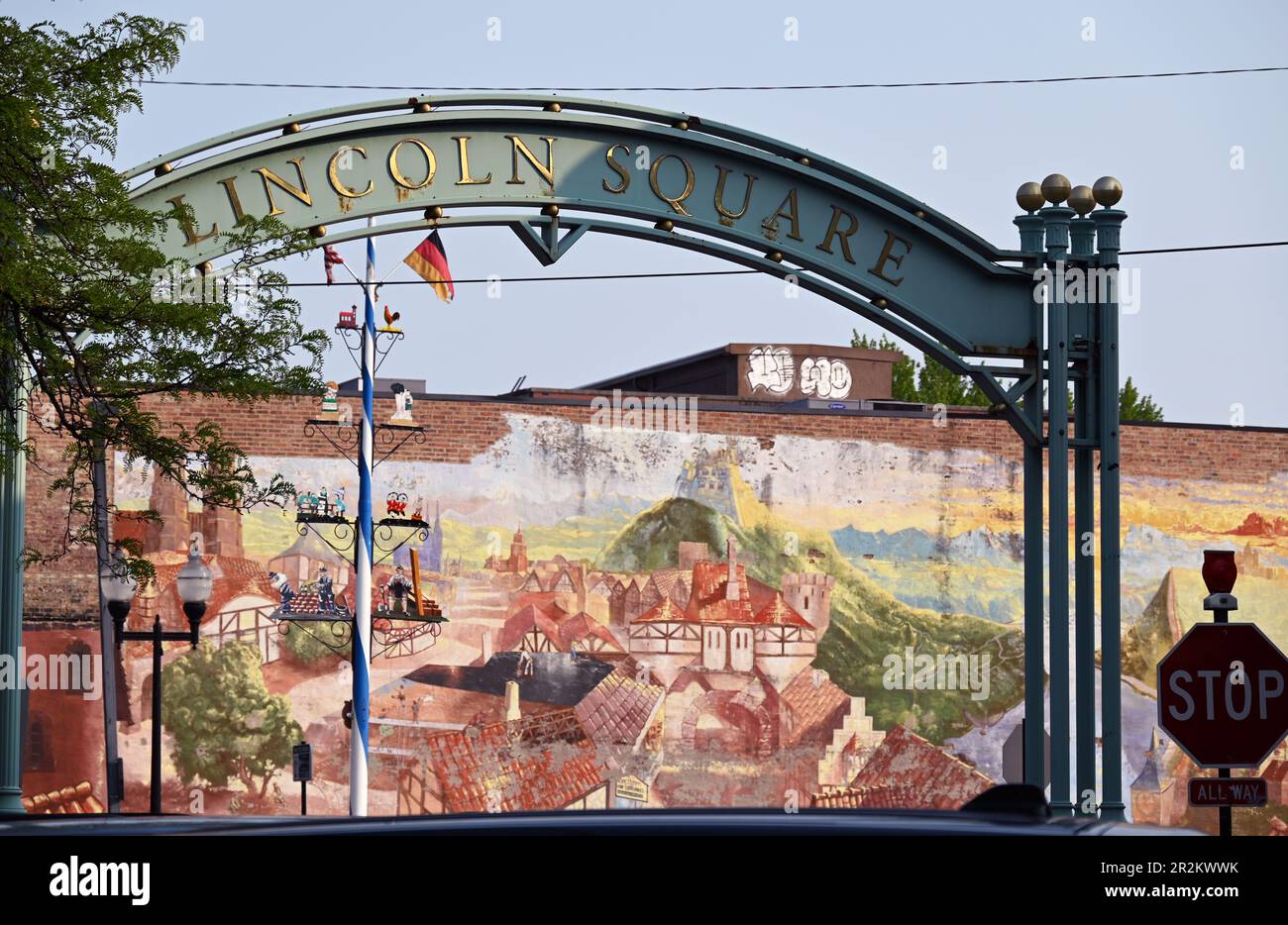 Sign and mural in the historically German Lincoln Square neighborhood ...