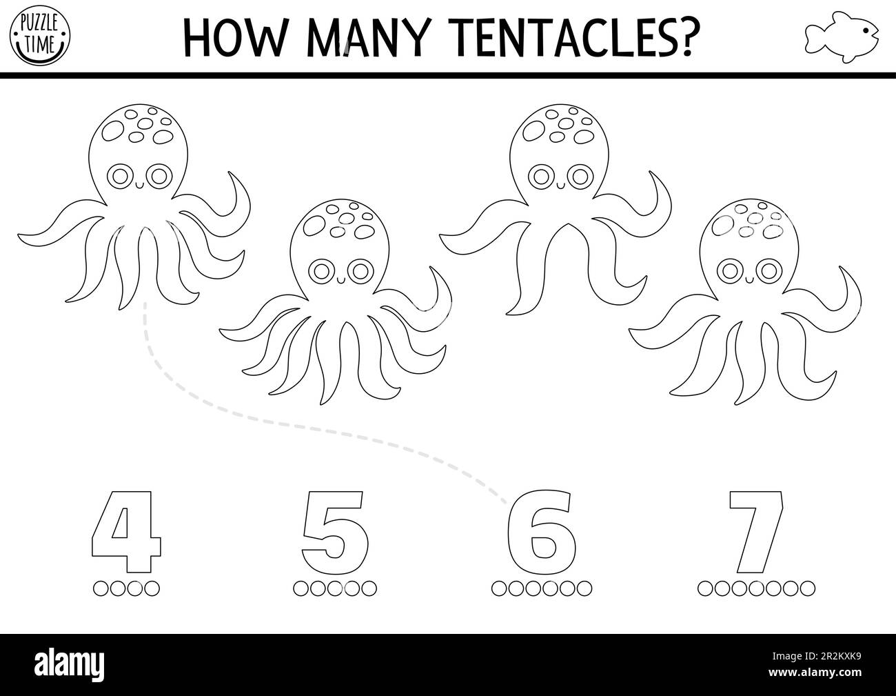 Match the numbers black and white under the sea game with octopus and ...