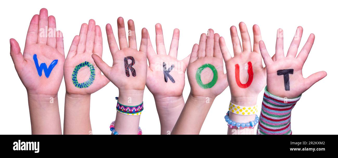 Children Hands Building Word Workout. White Background Stock Photo - Alamy