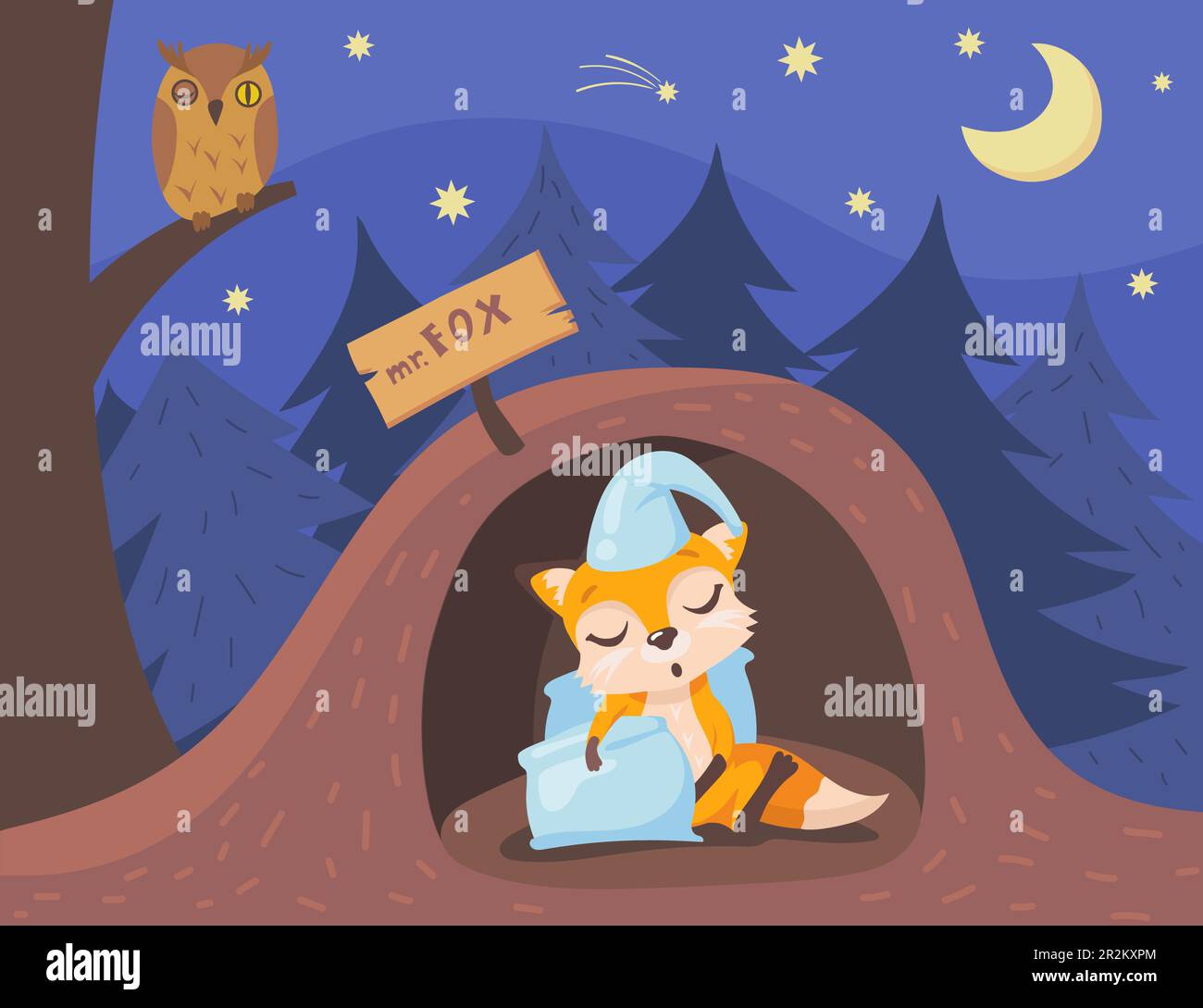 Cute fox character sleeping in burrow cartoon illustration Stock Vector ...