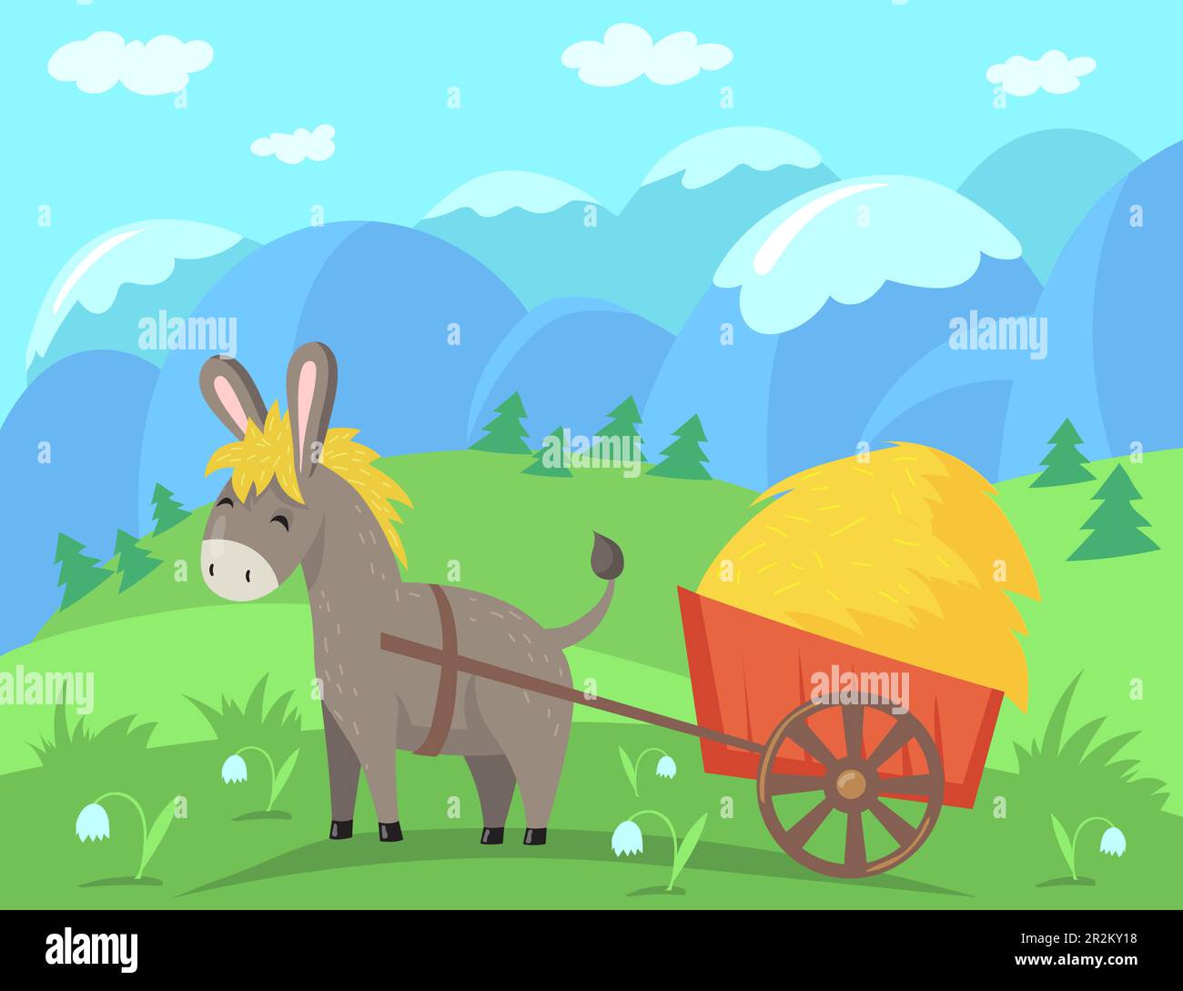 Cute donkey character pulling cart with hay Stock Vector Image & Art ...
