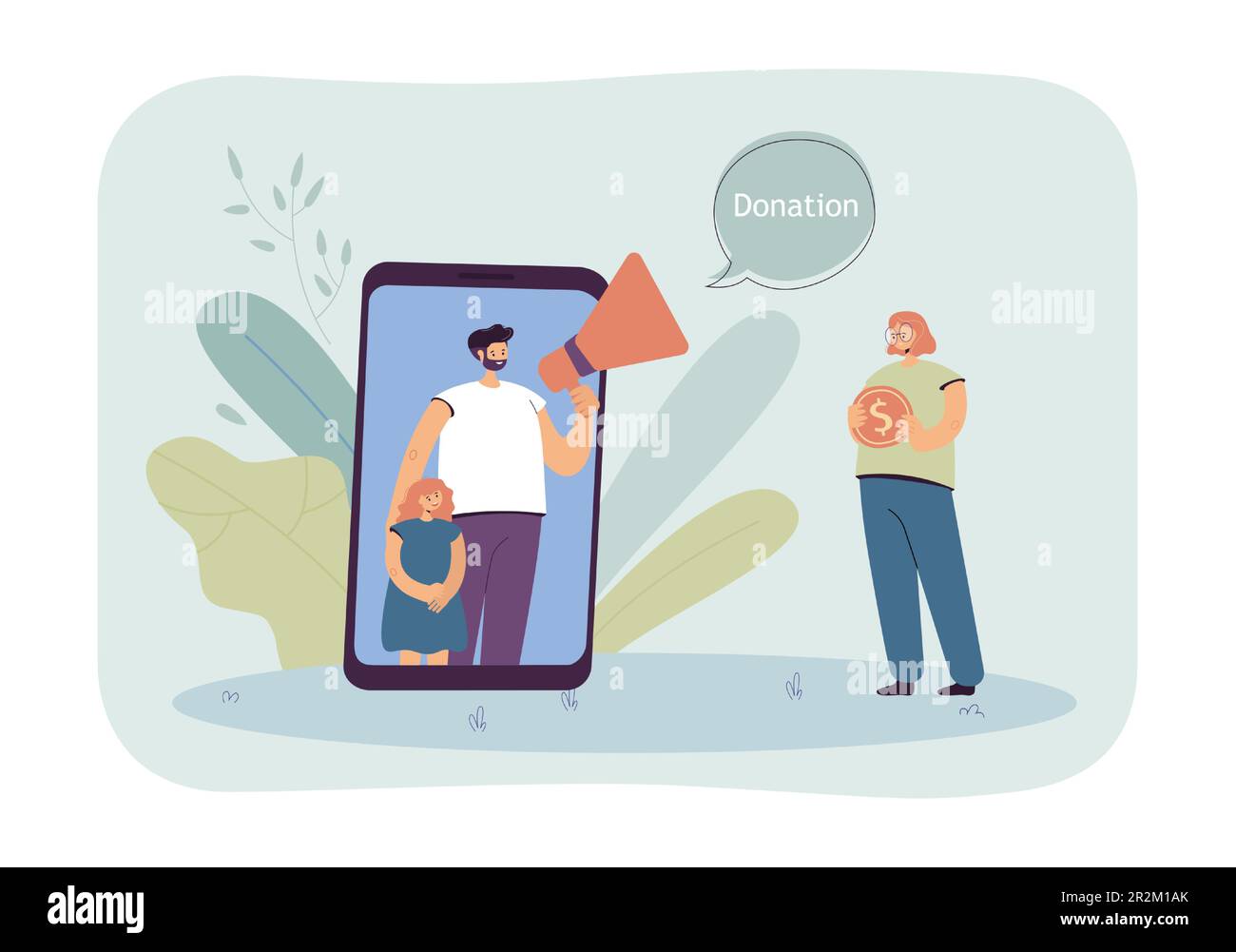 Dad and daughter asking for help in fundraising through mobile Stock ...