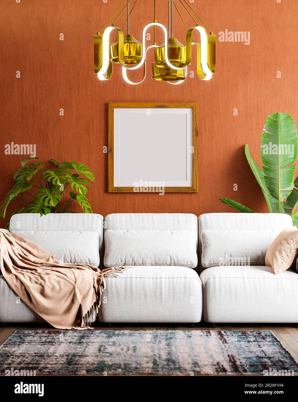 Empty photo frame mockup hanging on earthy brown colour wall background ...