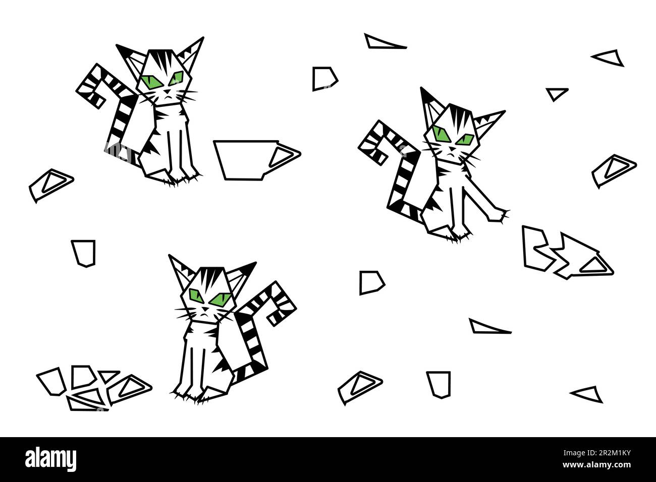 Angry green-eyed cat and a broken cup. pattern on white background ...