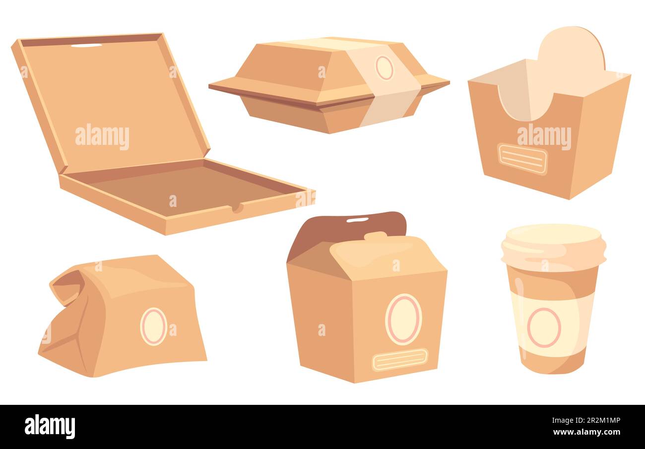 Set of cartoon boxes and containers for food and drinks Stock Vector ...