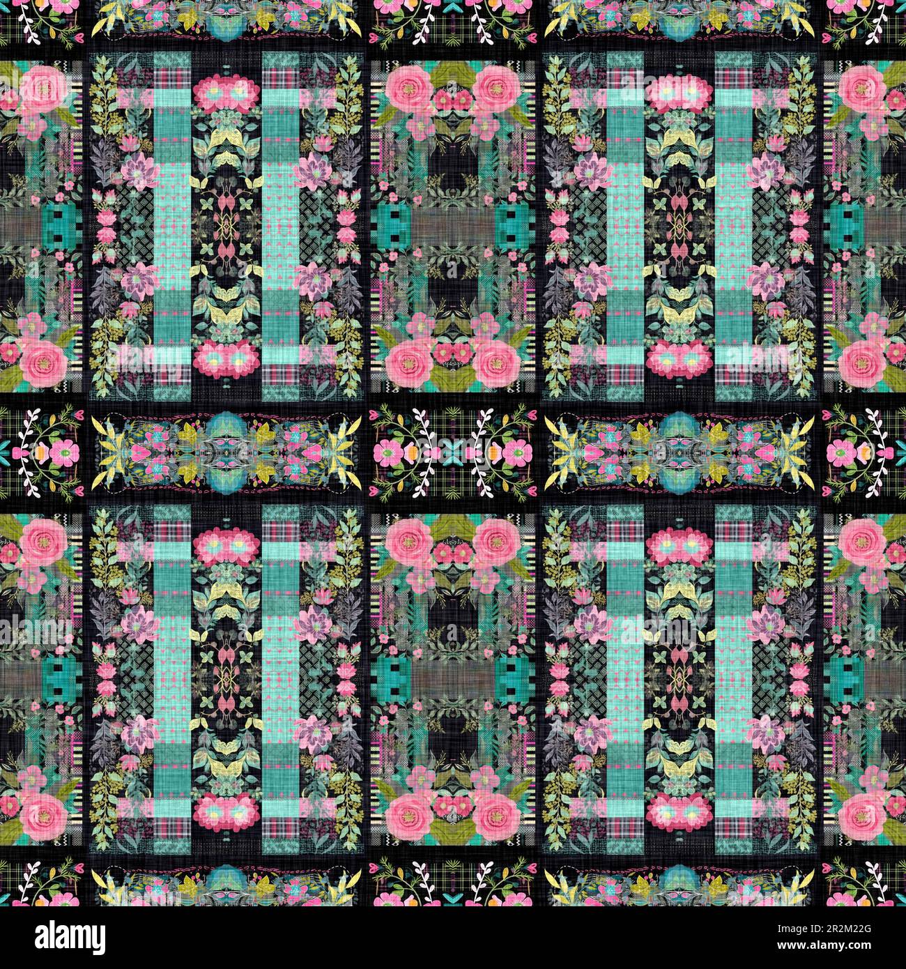Boho patchwork flower pattern with a gypsy retro style. Repeatable ...