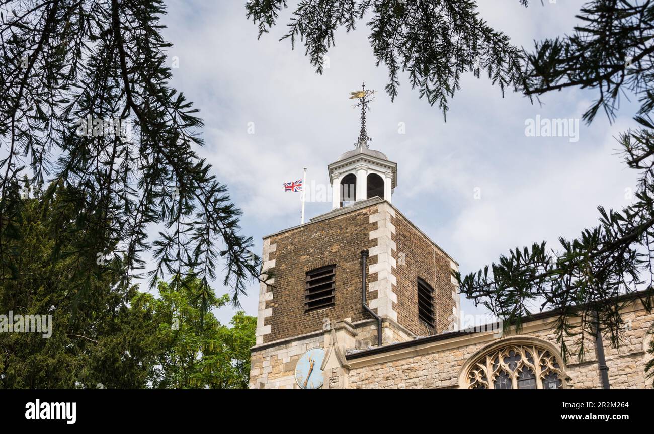 The church tower of St Mary the Virgin parish church, Mortlake, London ...