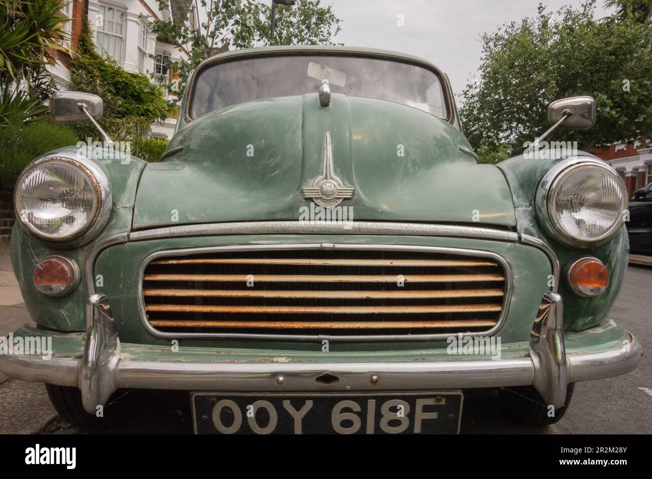 Closeup of bonnet and front grill of a classic Morris Minor car ...