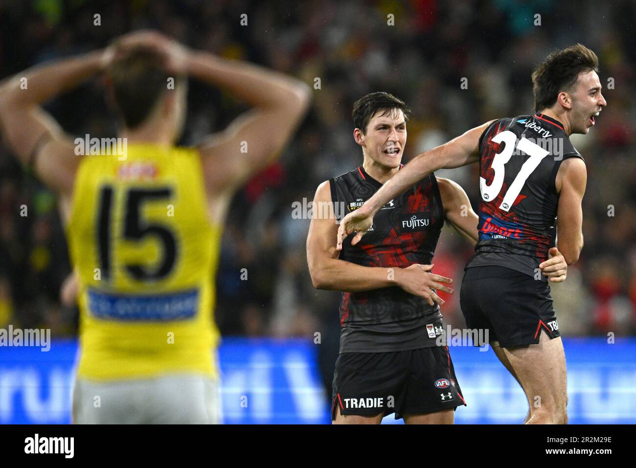 Sam Weideman of Essendon (left) and Nic Martin of Essendon celebrate ...