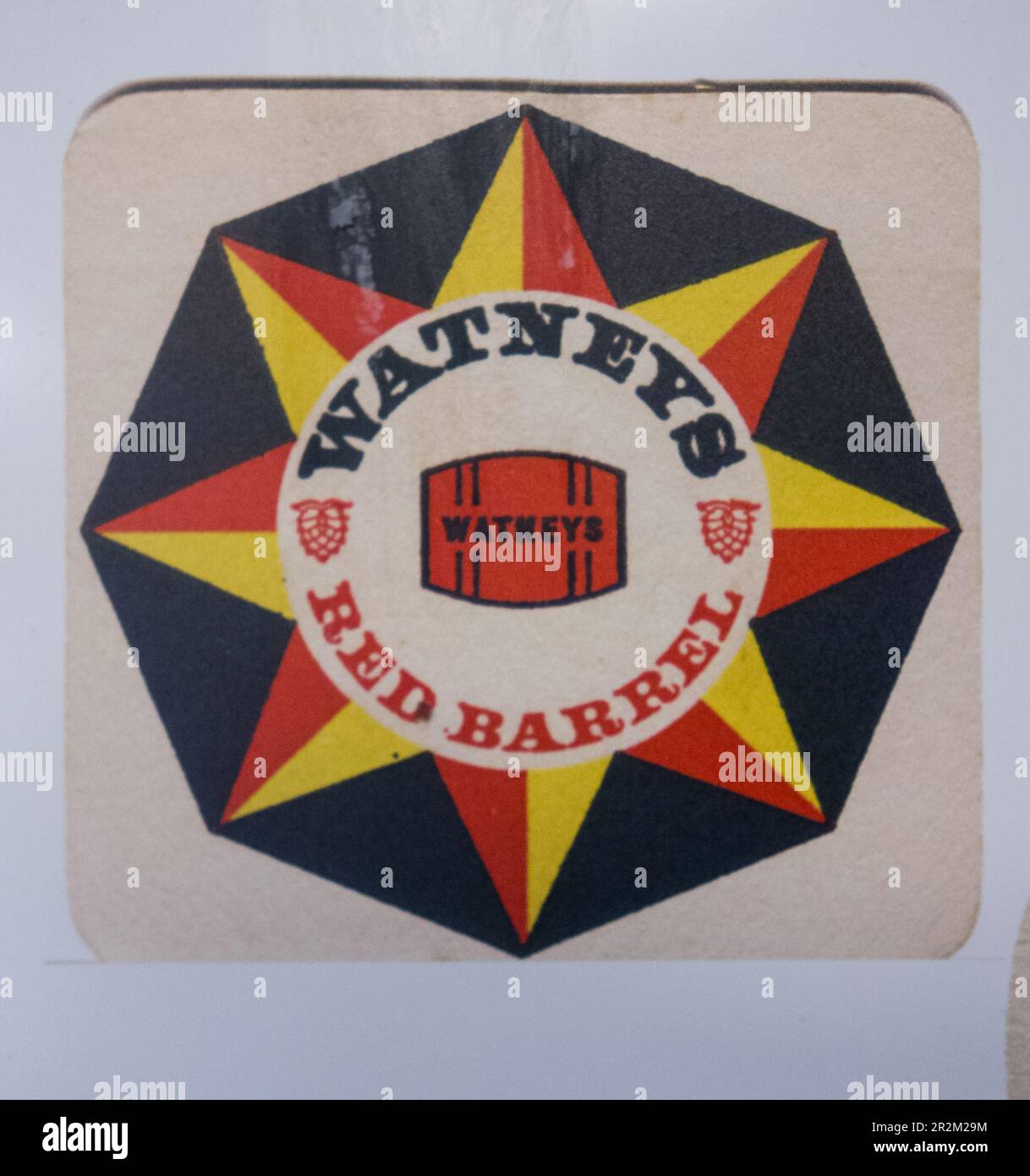 Closeup of a colourful Watneys Red Barrel cardboard beer mat Stock ...
