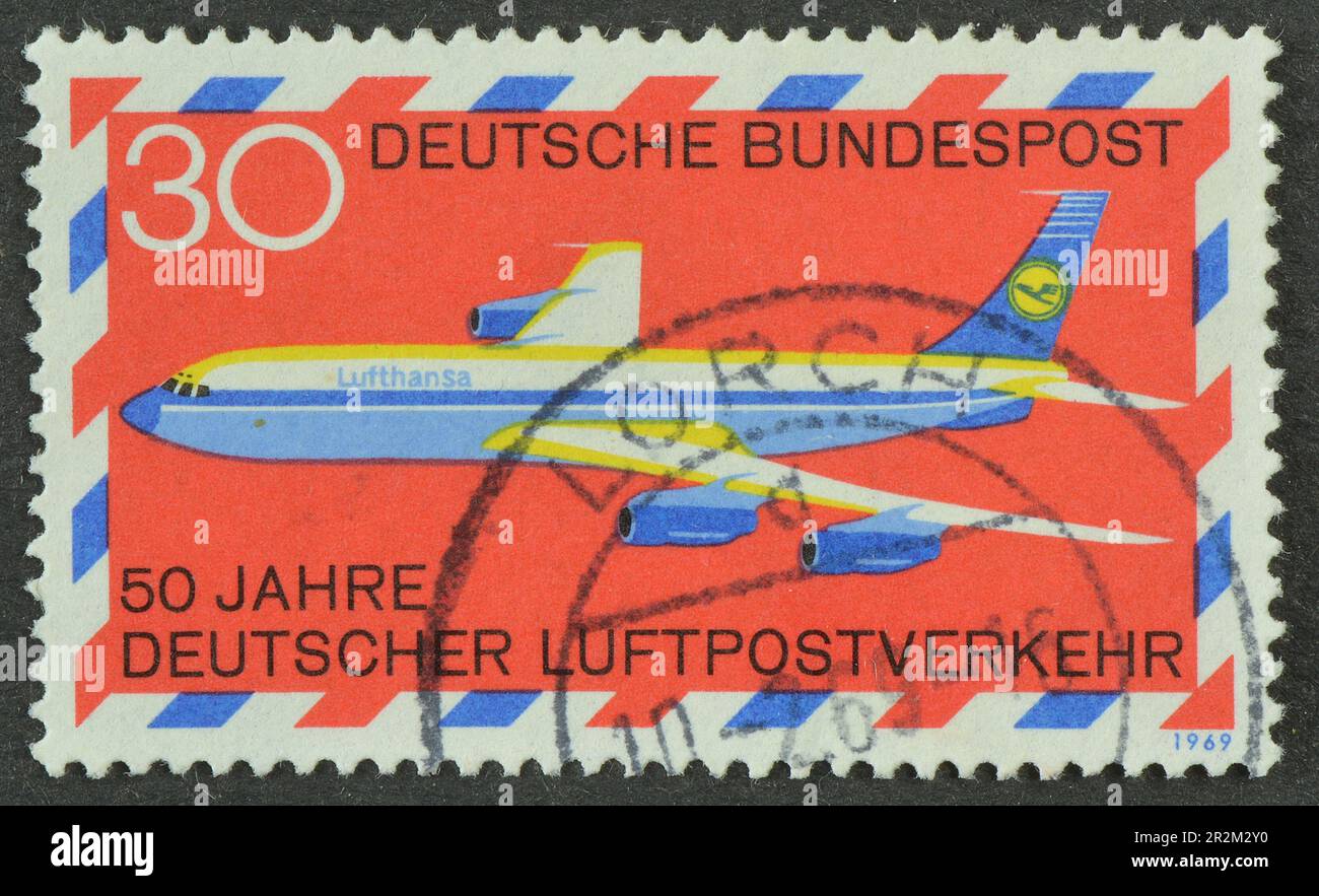 Cancelled postage stamp printed by Germany, that shows Boeing 707 ...