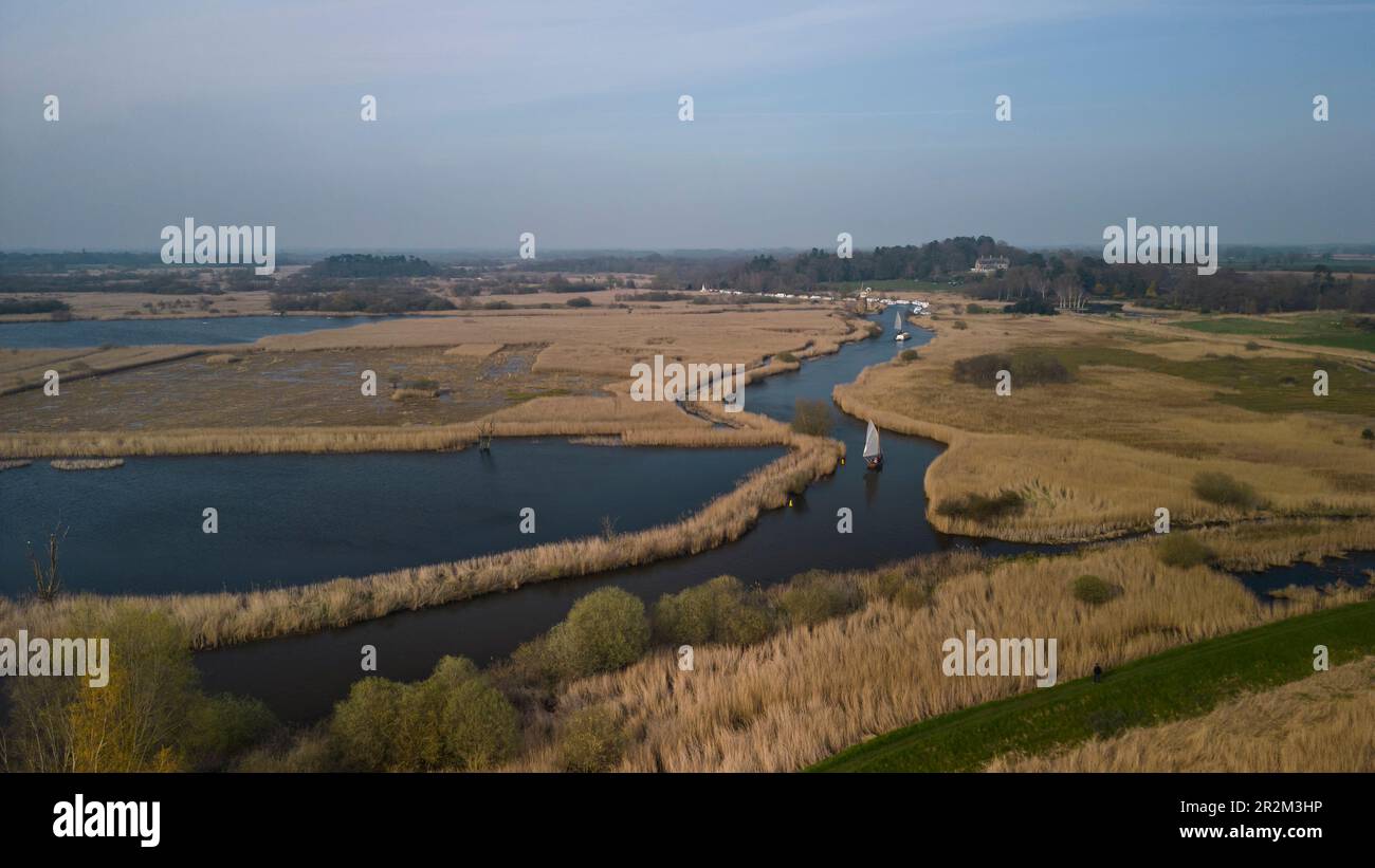 Aerial view of River Ant showing surrounding marshland, farmland and ...