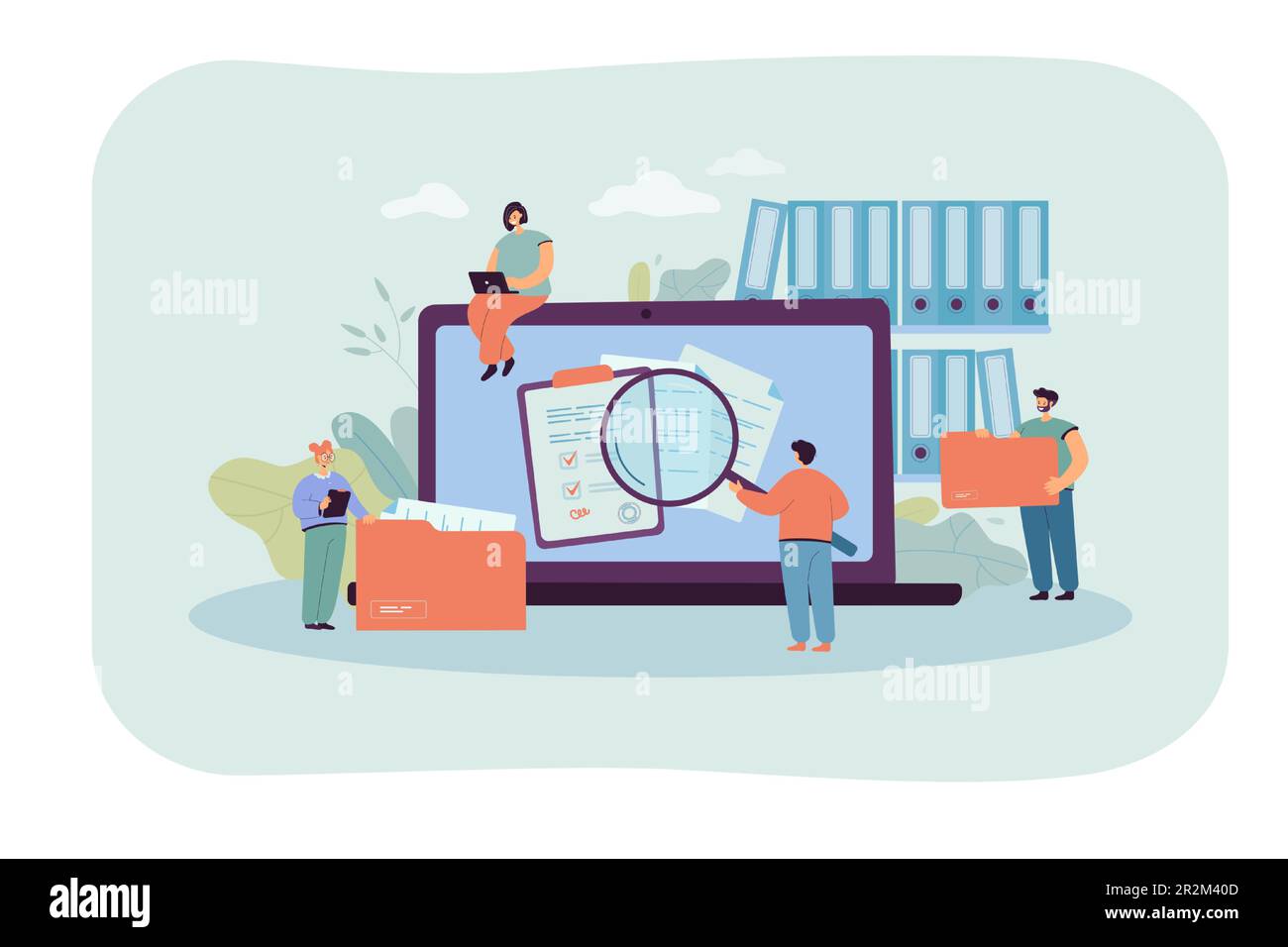 Cartoon illustration laptop searching information hi-res stock ...