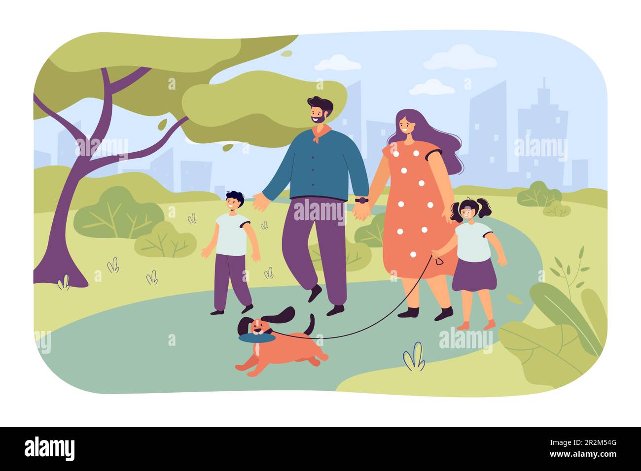 Happy cartoon family walking dog in park together Stock Vector Image ...