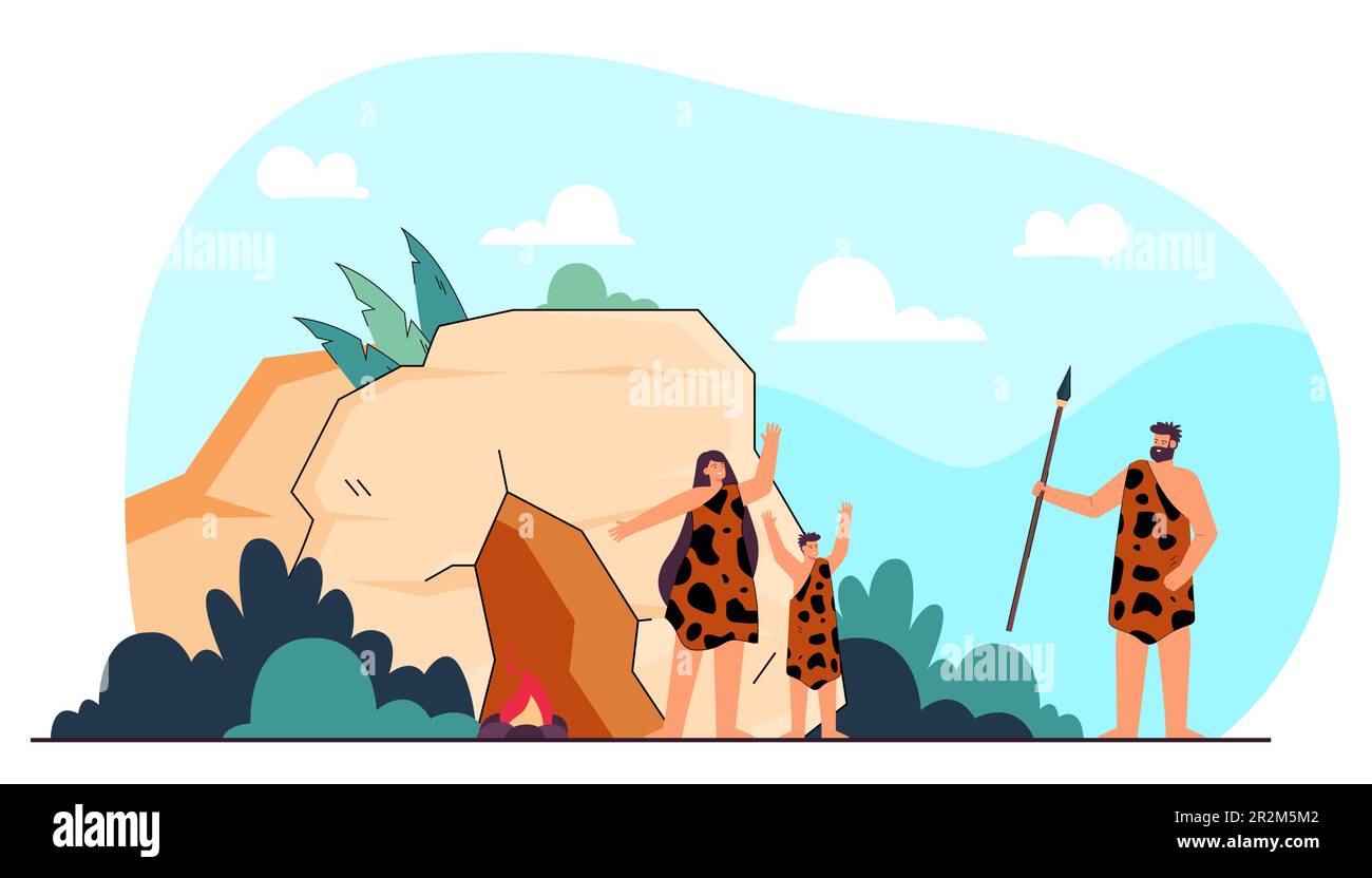 Prehistoric family standing near cave flat vector illustration Stock ...