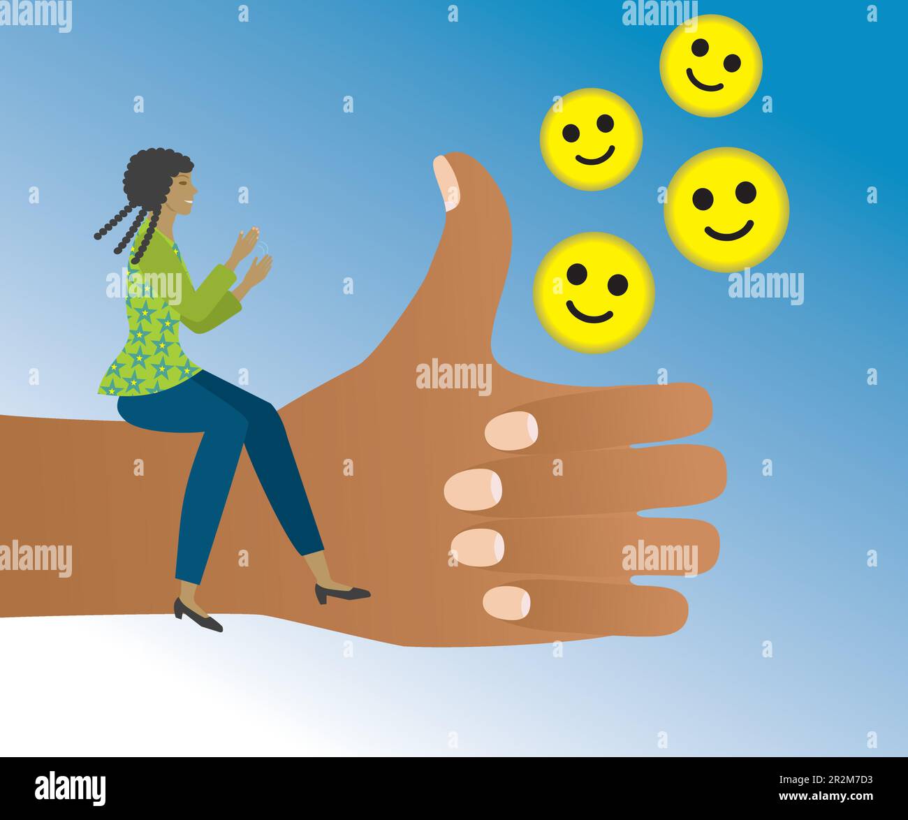 Woman sitting on hand with thumbs up, applauding and sending yellow ...