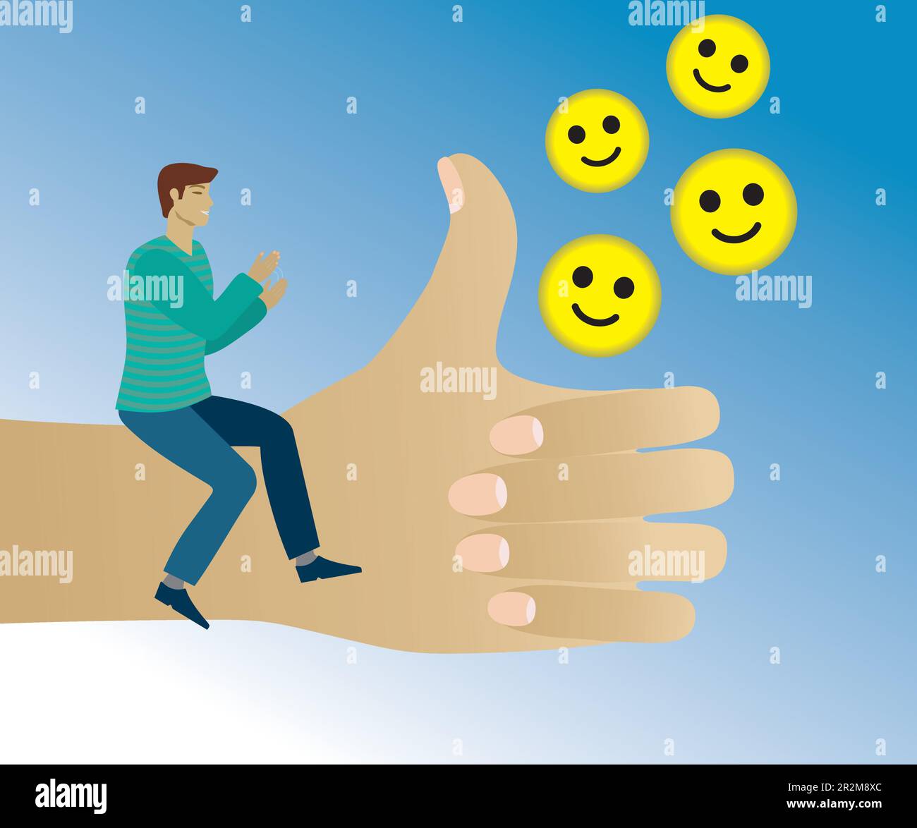 Man sitting on hand with okay sign, applauding and sending happy faces ...