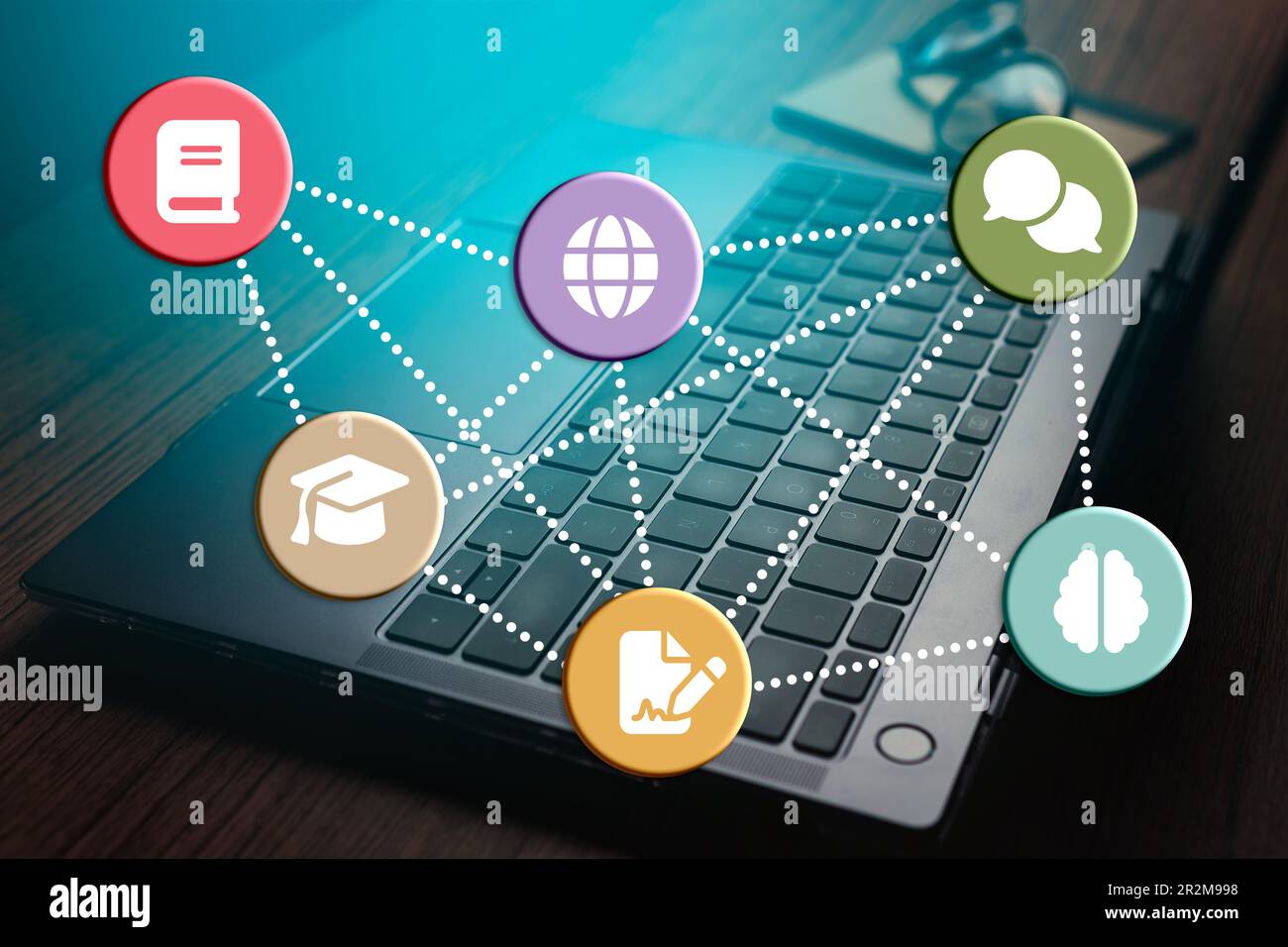 Desktop photo as background with VR interface for online class. E ...