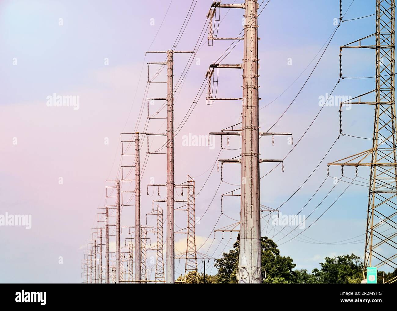 Utility poles in a row with a soft summer sky Stock Photo - Alamy