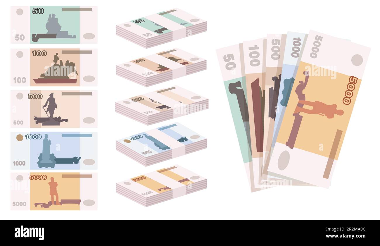 Ruble banknotes of Russia illustrations in cartoon style Stock Vector ...