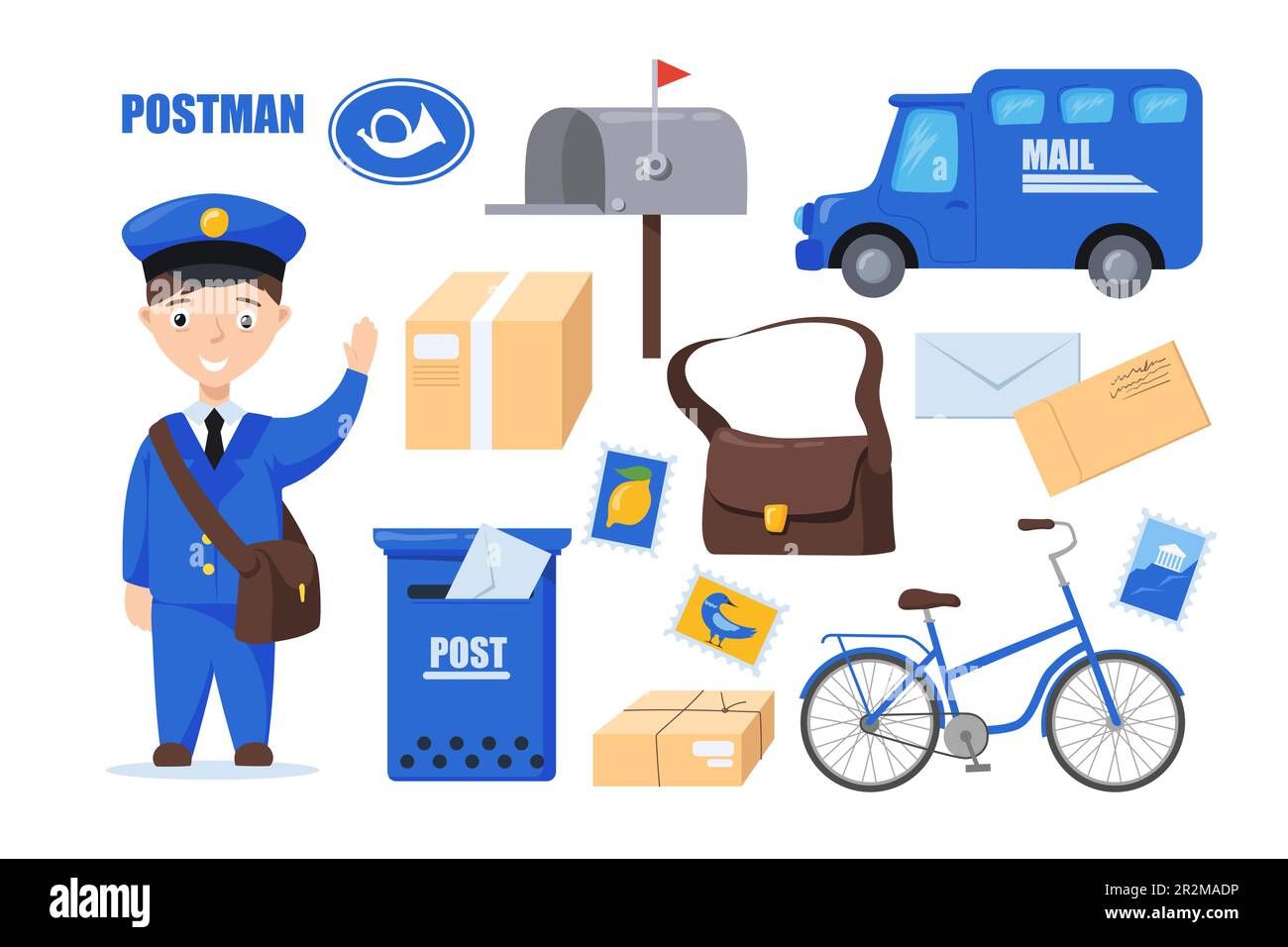 Postman and postal objects for kids vector illustrations set Stock ...