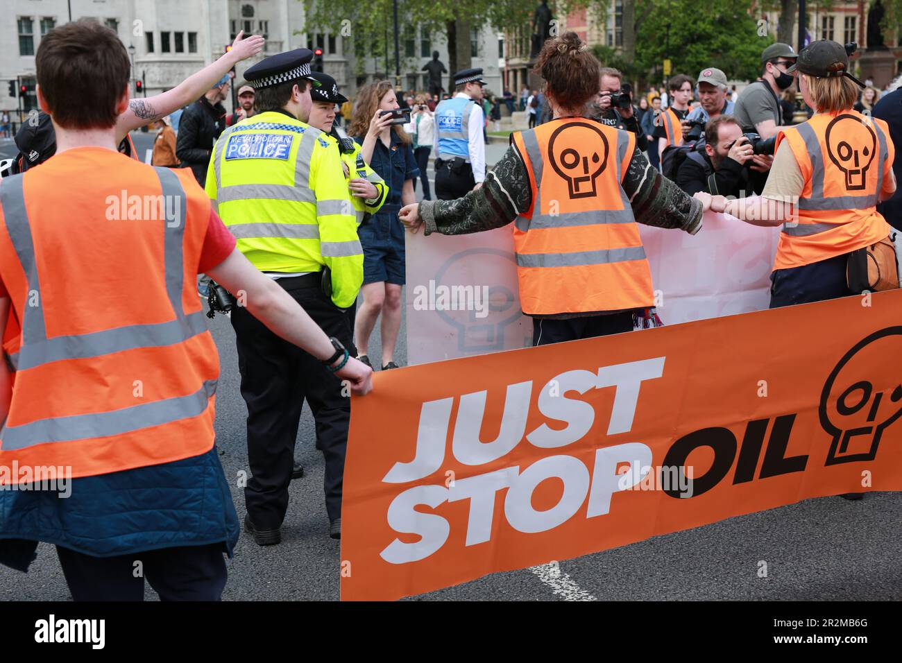 London, UK. 20 May 2023. Just Stop Oil supporters protest as they ...