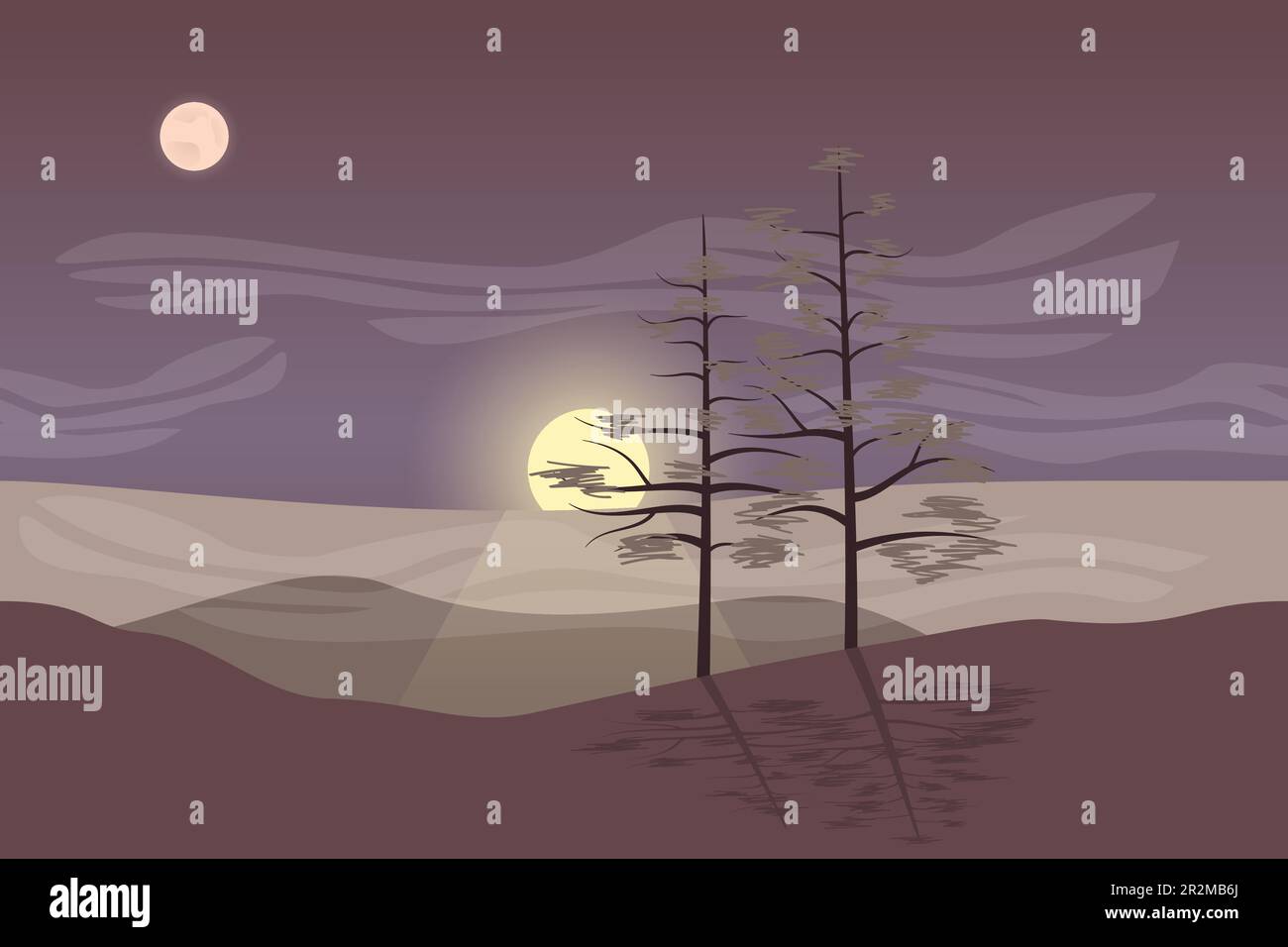 Minimalistic landscape - two trees, sun and moon Stock Vector Image ...