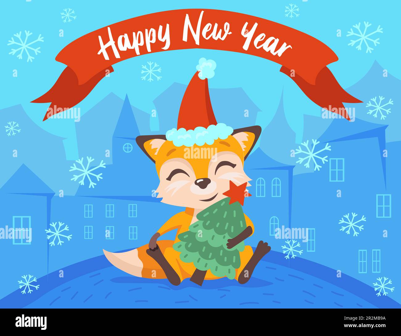 Smiling fox character with Christmas tree cartoon illustration Stock ...