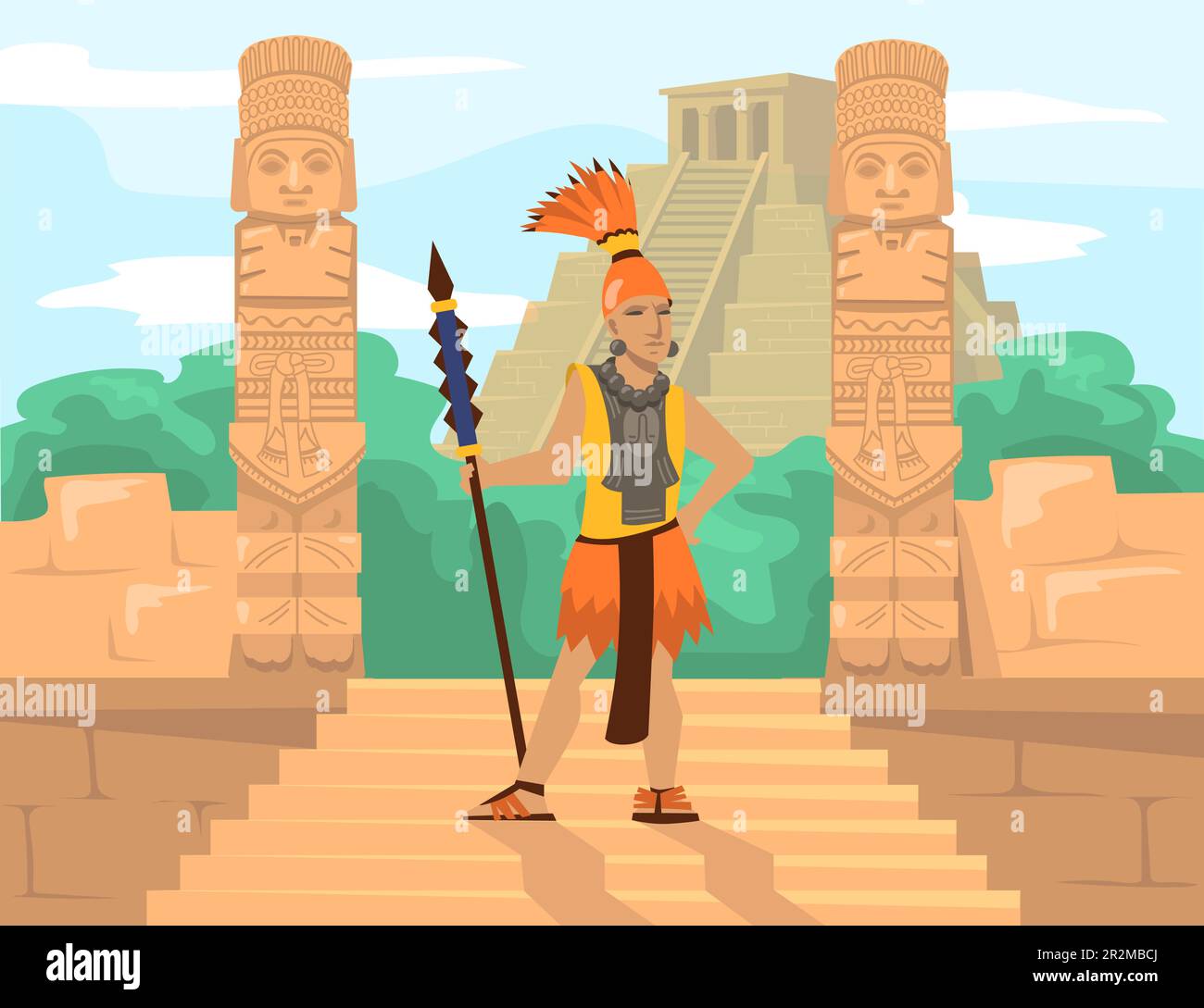 Ancient Mayan warrior with spear in front of idols and pyramid Stock ...