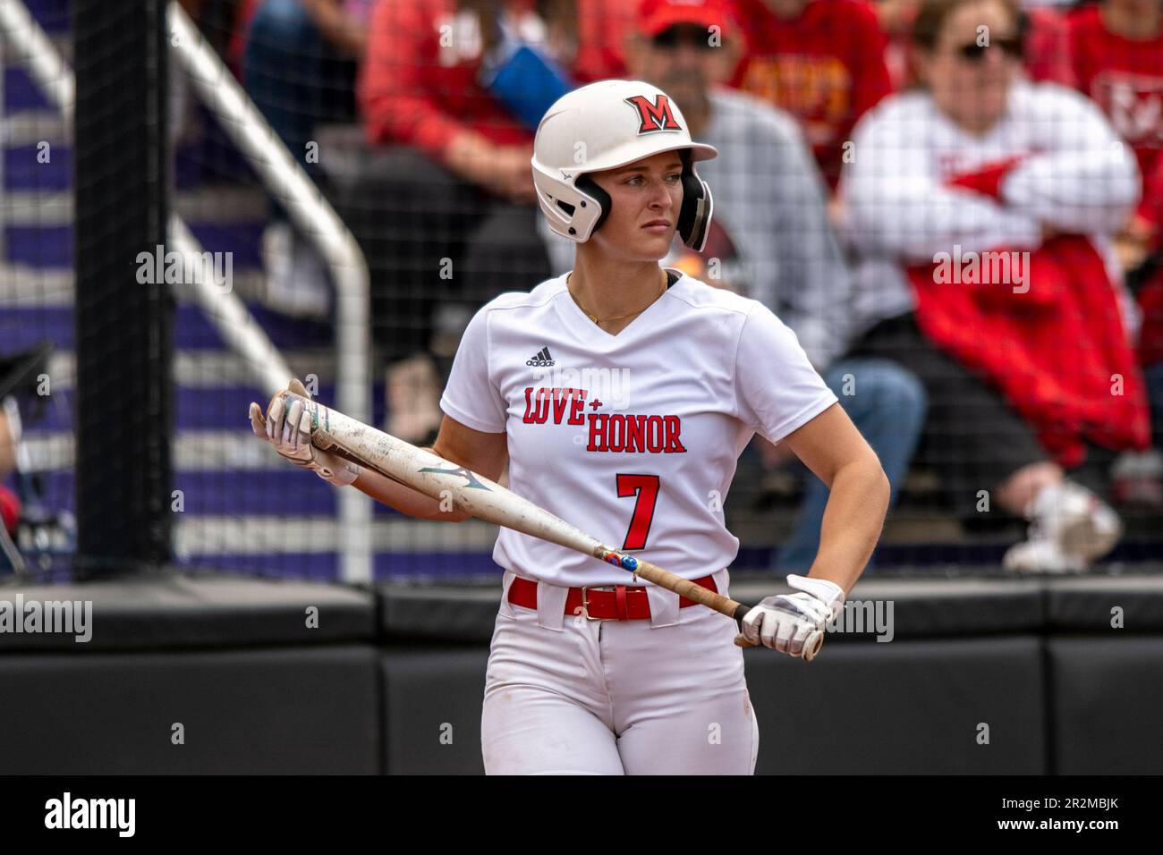 Miami of Ohio infielder Karli Spade (7) prepares to bat during an NCAA softball game against ...