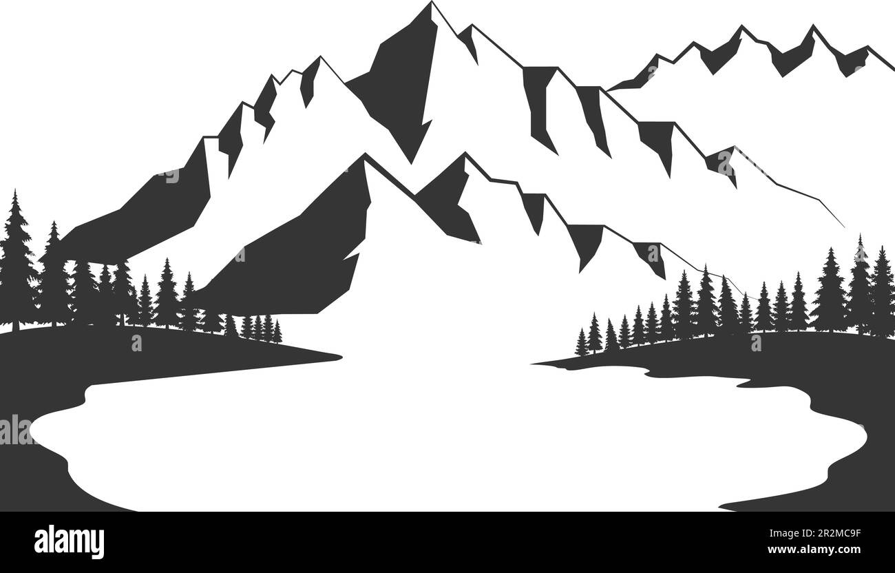 Mountain with pine trees and landscape black on white background. Hand ...