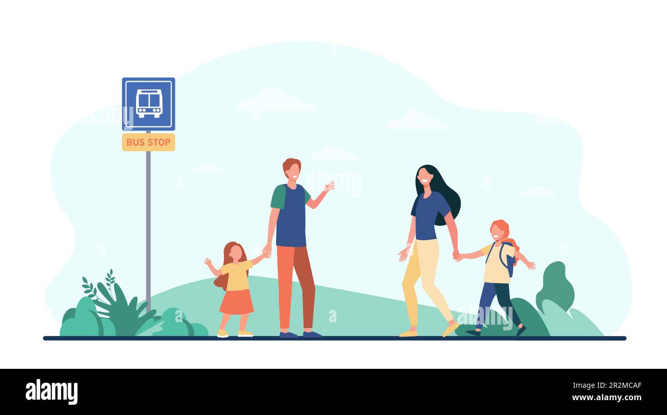 Father And Daughter Meeting Mother And Son At Bus Stop Stock Vector