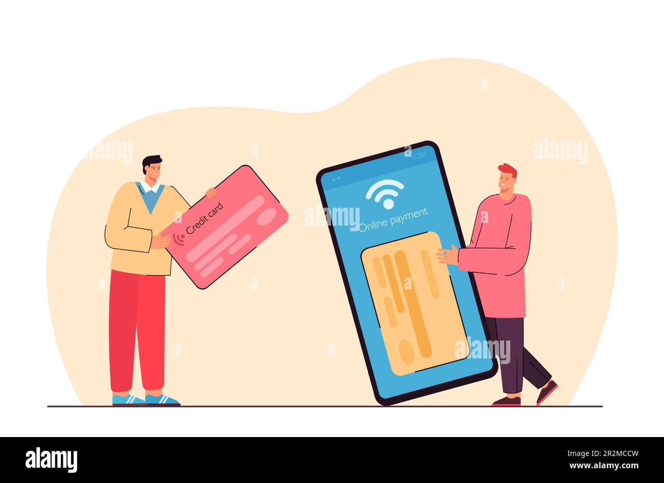 Cartoon men with credit card and phone flat vector illustration Stock ...