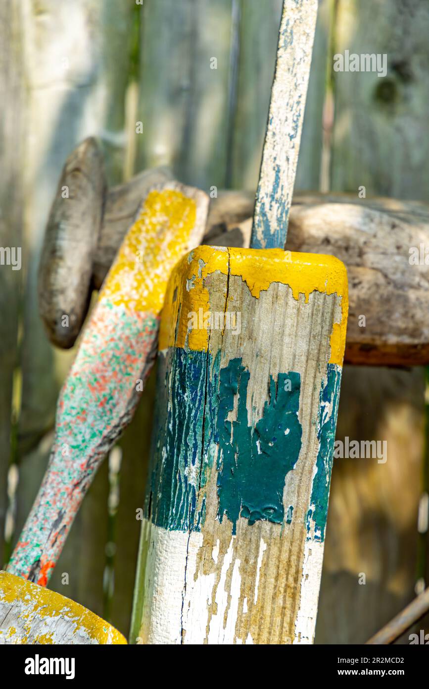 collection of old wooden markers is used condition Stock Photo - Alamy