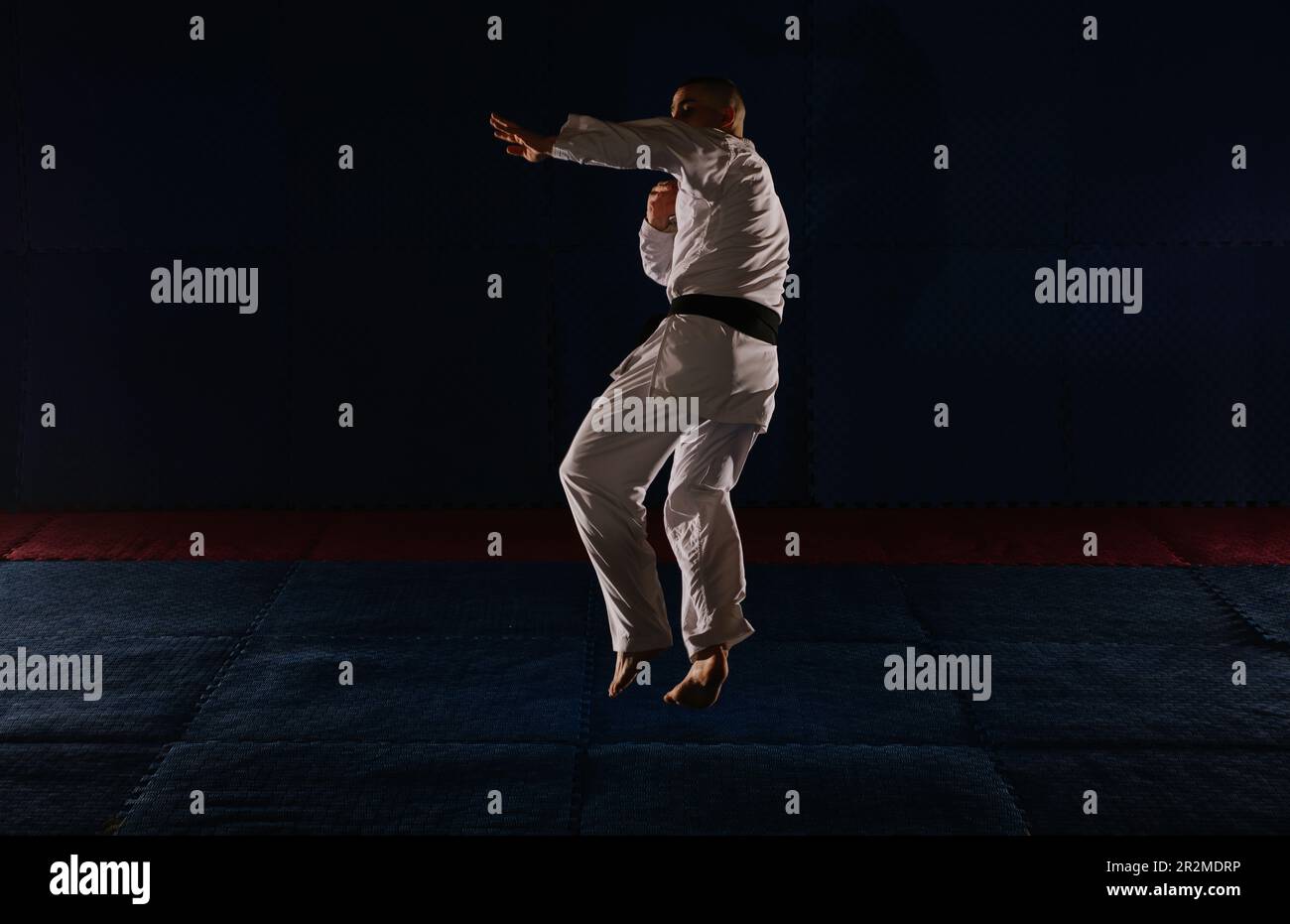 Handsome young man with black belt doing one karate pose with jumping ...