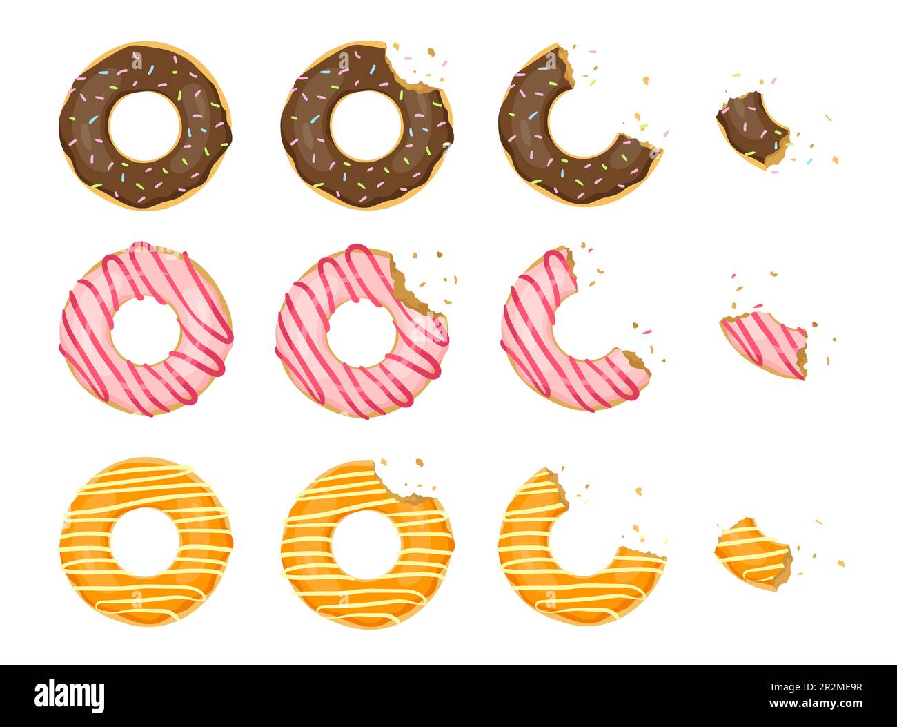 Whole and bitten donuts flat vector illustration set Stock Vector Image ...