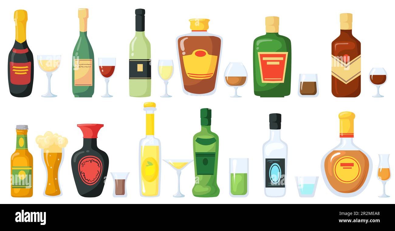 Bottles of alcoholic drinks with glasses vector illustration set Stock ...