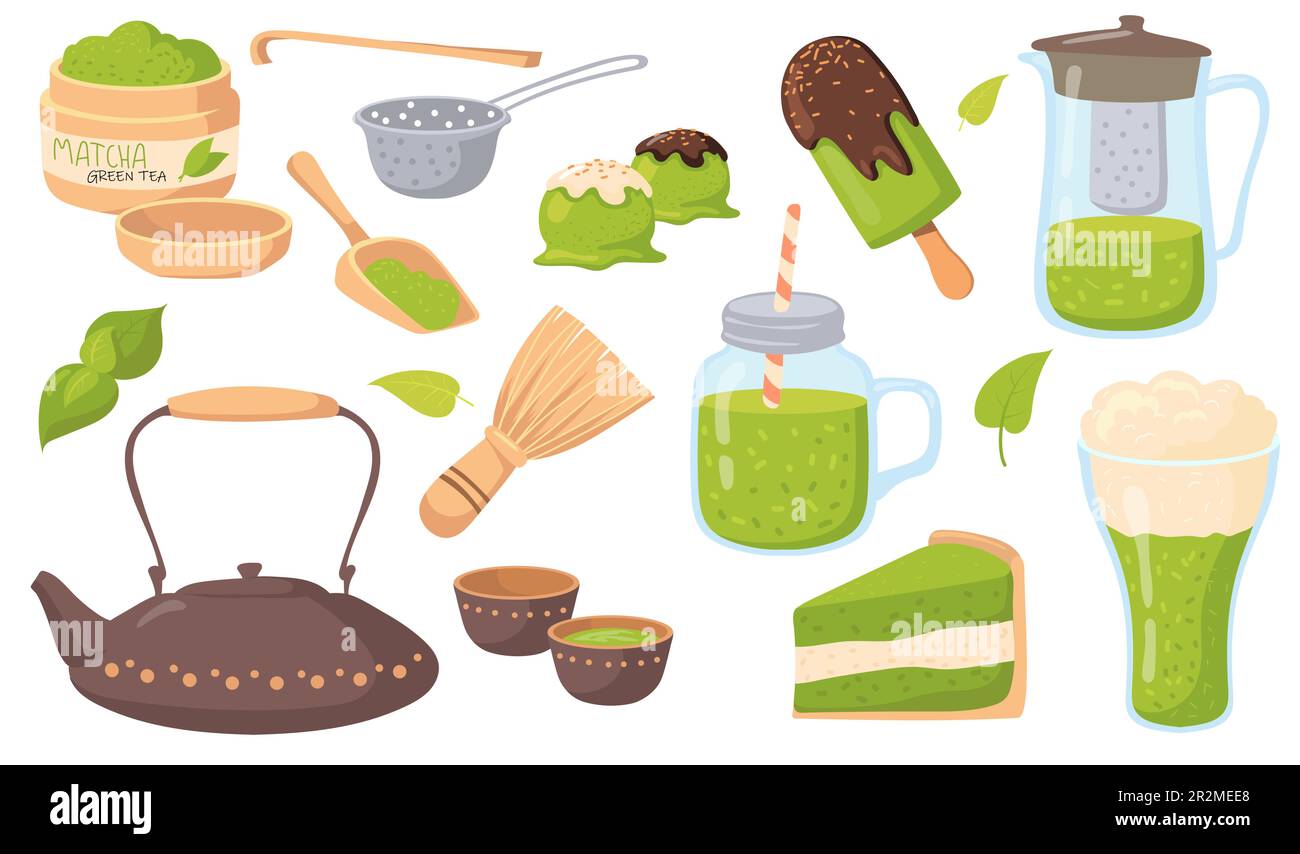 Products with matcha tea flavor vector illustrations set Stock Vector ...