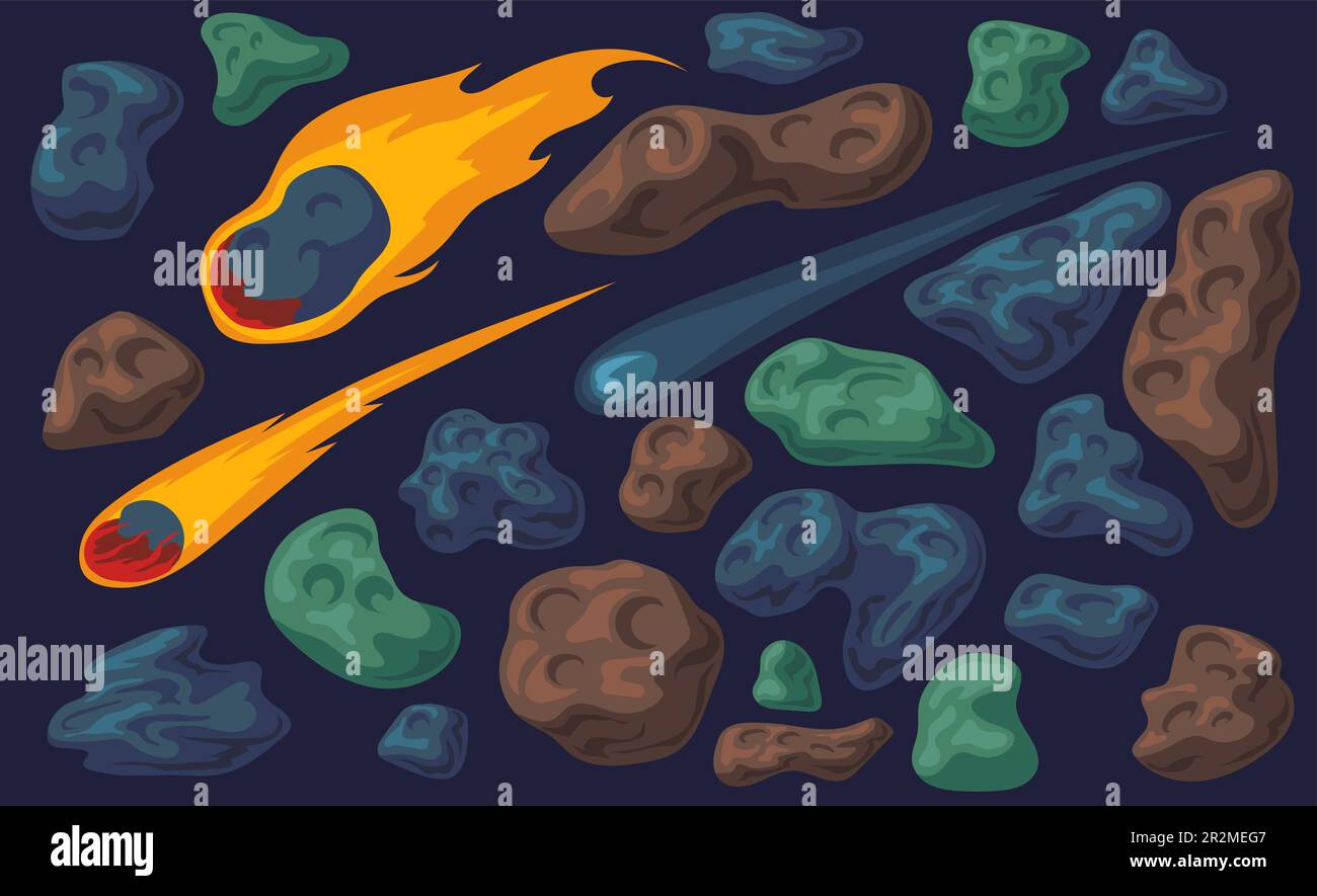 Falling fireball, different space stones vector illustration set Stock ...