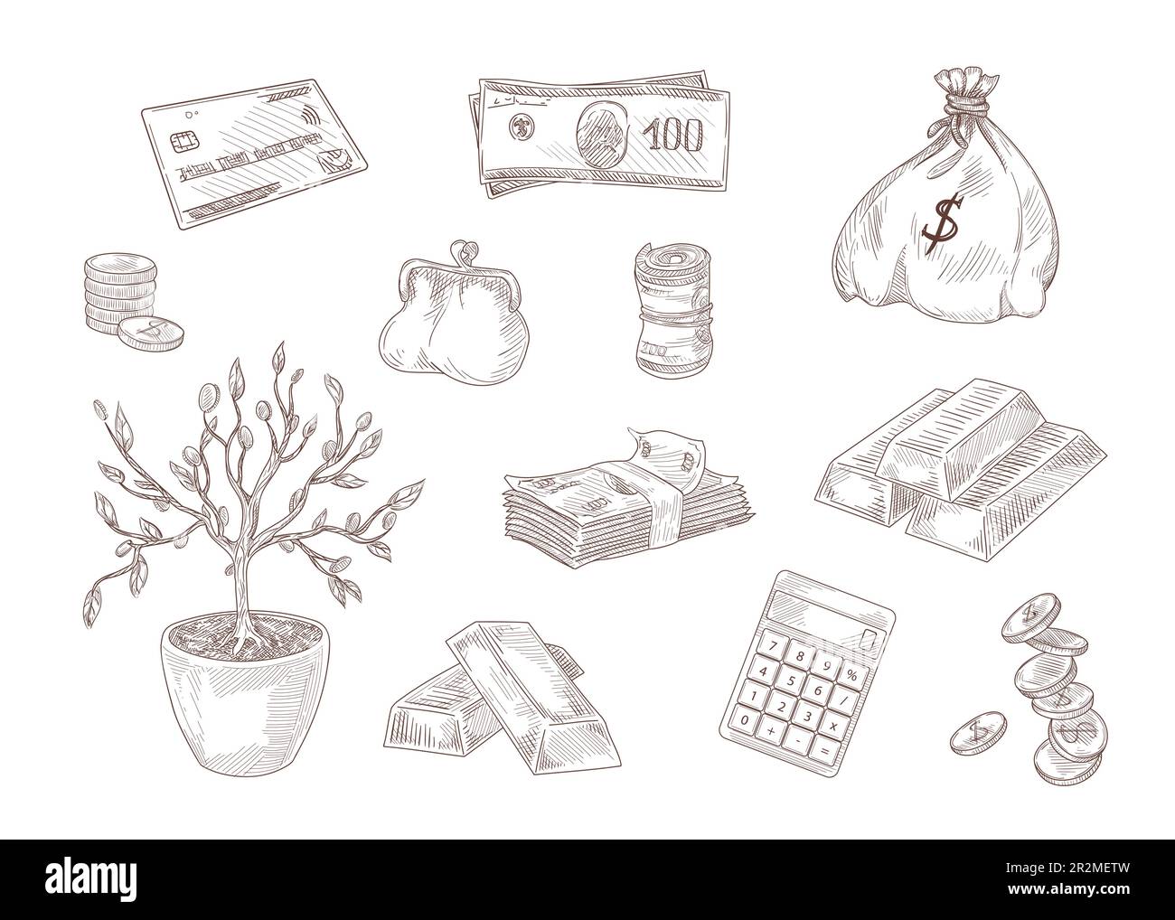 Set of engraving drawings of symbols of financial wealth Stock Vector ...